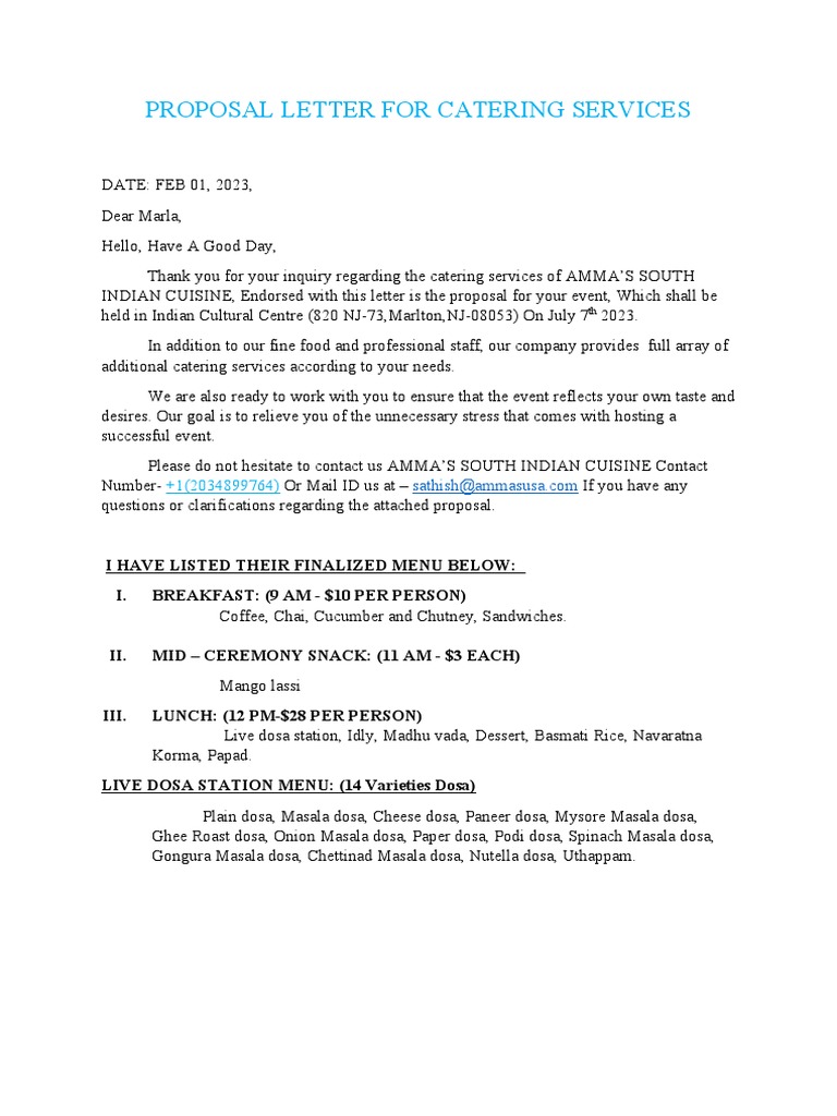 Proposal Letter For Catering Services | PDF