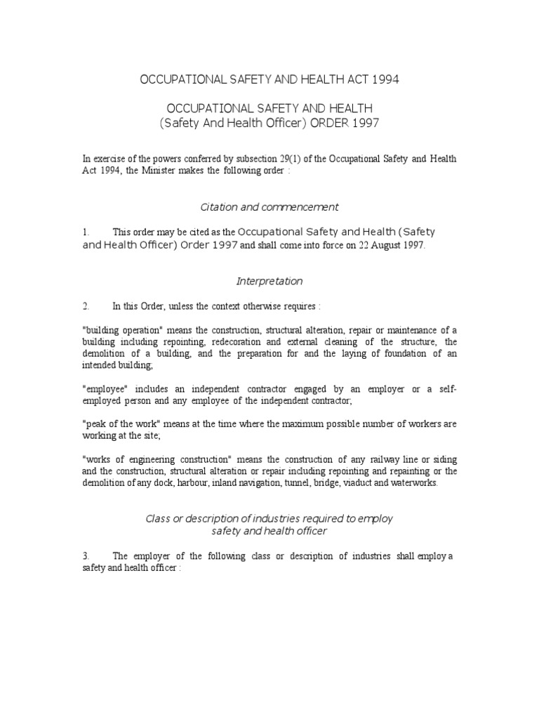 Osha (Safety & Health Officer) Order 1997 | PDF | Occupational Safety ...