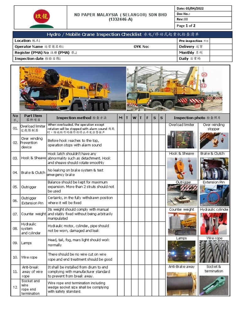Mobile Crane Inspection Checklist | PDF | Crane (Machine ...