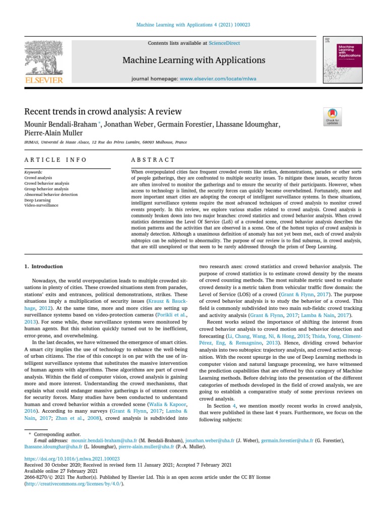 Recent Trends In Crowd Analysis A Review 2021 Pdf Deep Learning 0309