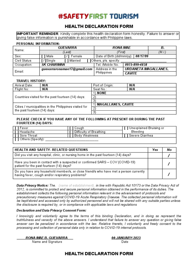 Health Declaration Form | PDF | Information Privacy | Consent