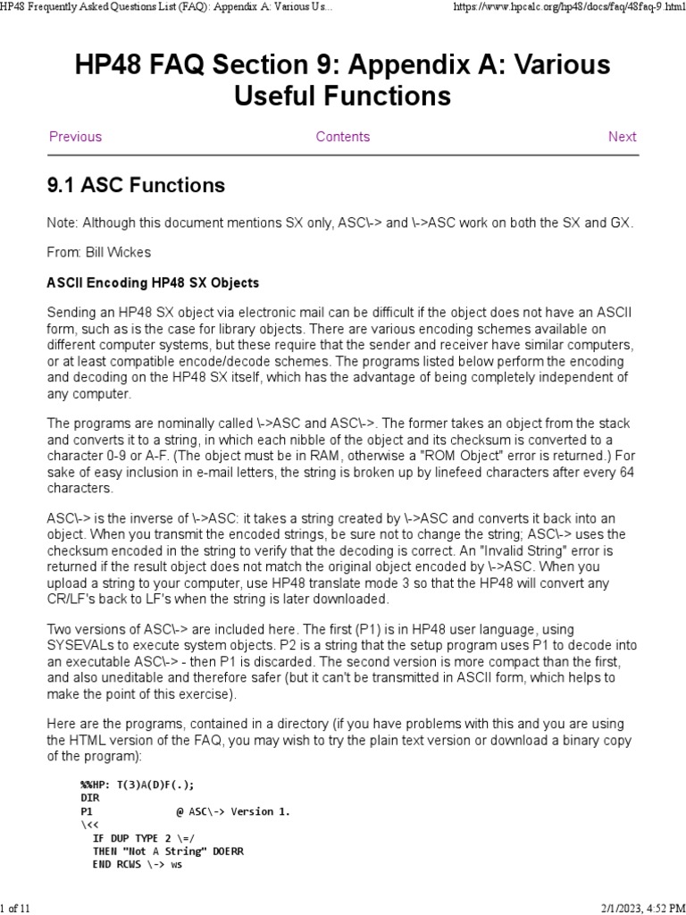 HP48 Frequently Asked Questions List (FAQ) Appendix A Various Useful Functions | PDF | String ...