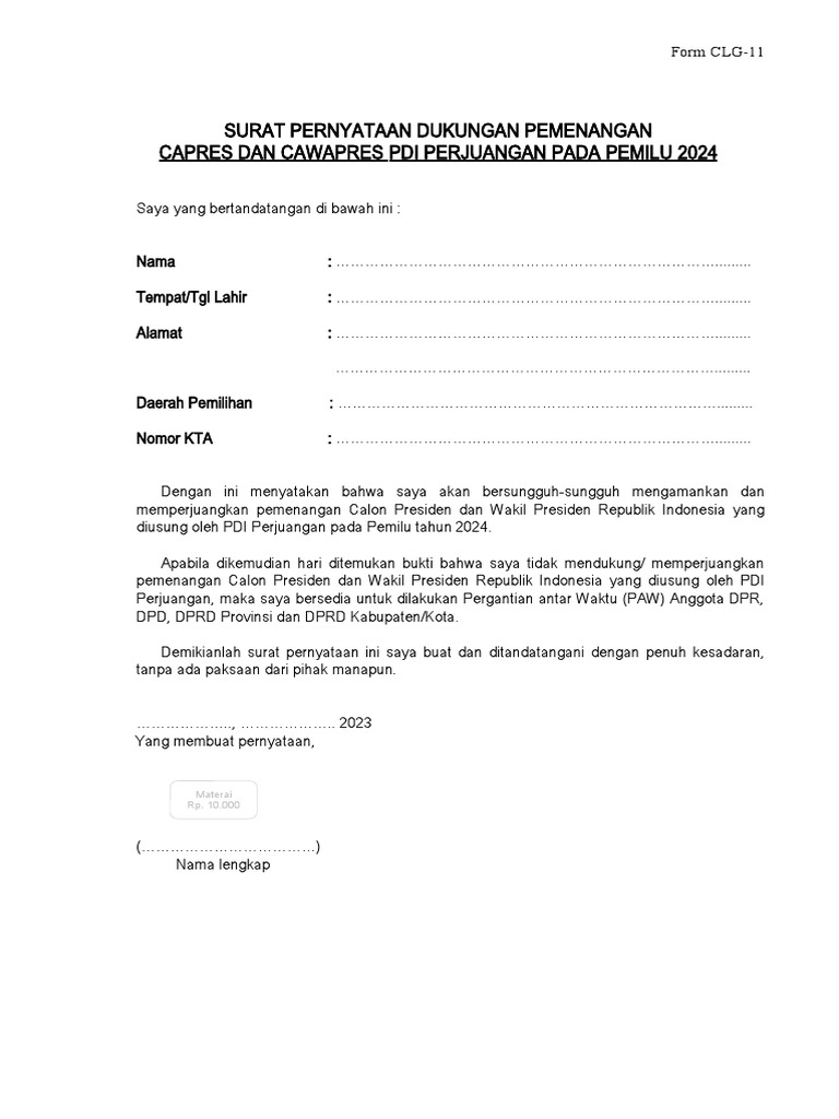 Form CLG-11 Pernyataan Mendukung Capres Dan Cawapres Pemilu 2024 | PDF