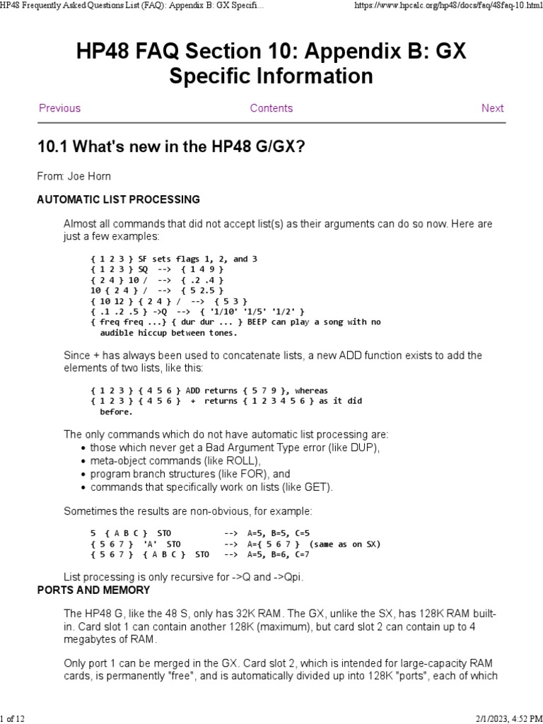 HP48 Frequently Asked Questions List (FAQ) Appendix B GX Specific Information | PDF | Matrix ...