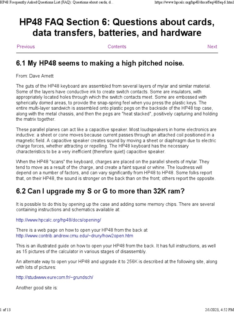 HP48 Frequently Asked Questions List (FAQ) Questions About Cards, Data ...