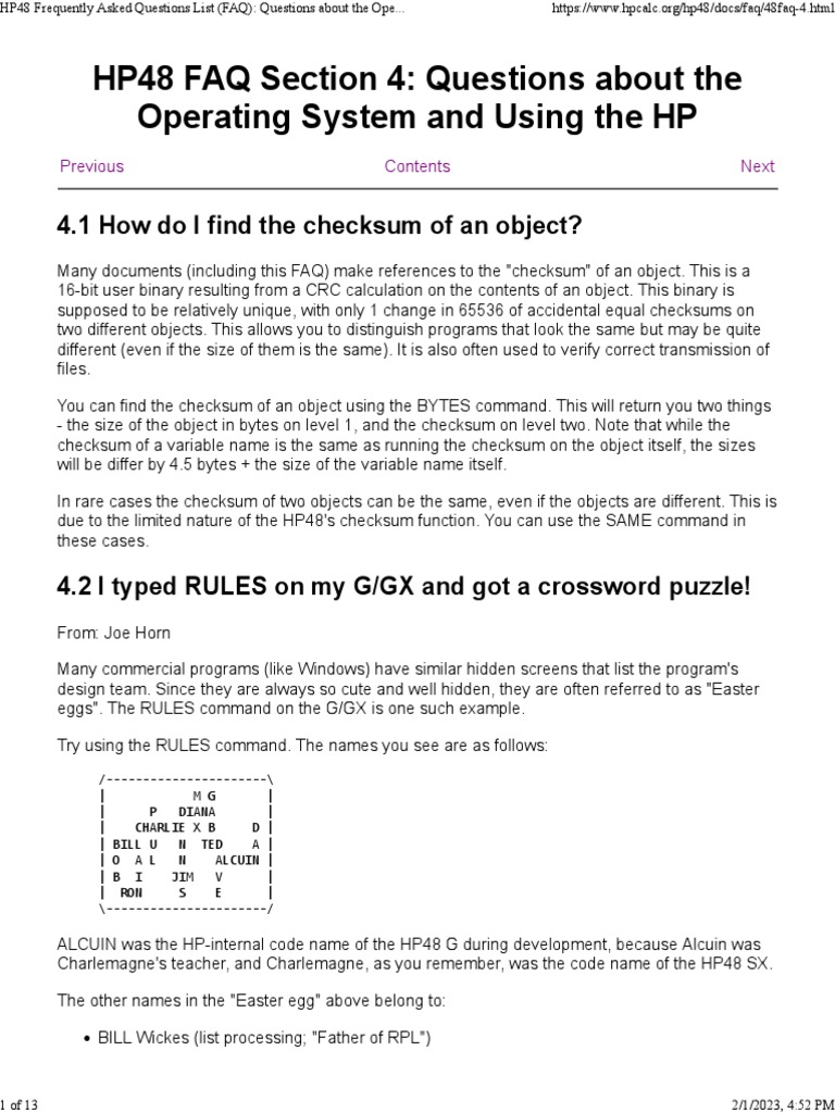 HP48 Frequently Asked Questions List (FAQ) Questions About The Operating System and Using The HP ...
