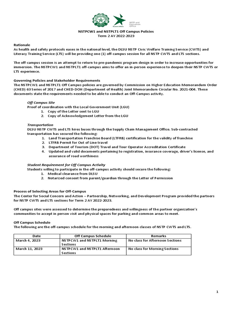 NSTPCW1 and NSTPLT1 Off Campus Policy Term 2 AY 2022 2023 | PDF | Community