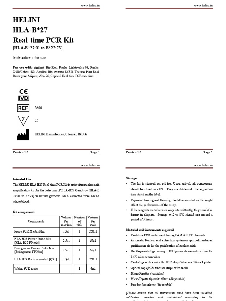 Helini HLA-B 27 Real-Time PCR Kit | PDF | Polymerase Chain Reaction ...