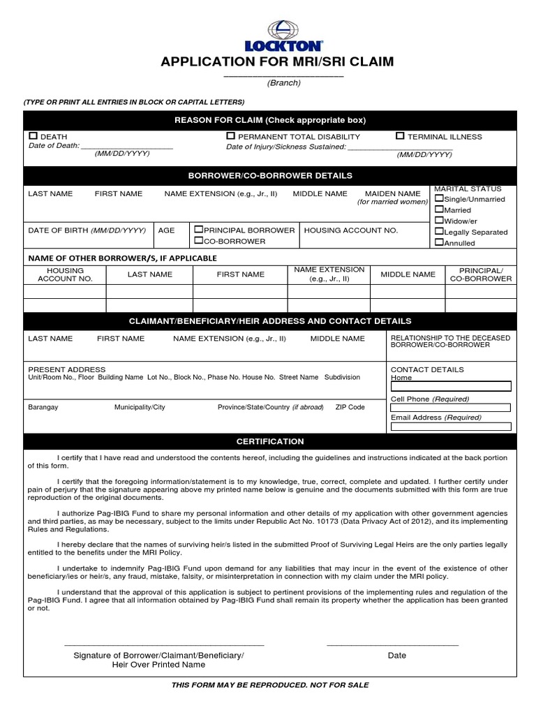 Application For MRI - SRI Claim | PDF | Loans | Insurance