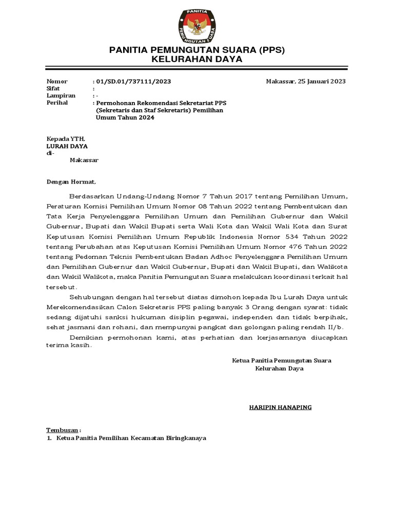 Contoh Surat Permintaan Sekretariat Pps Daya | PDF