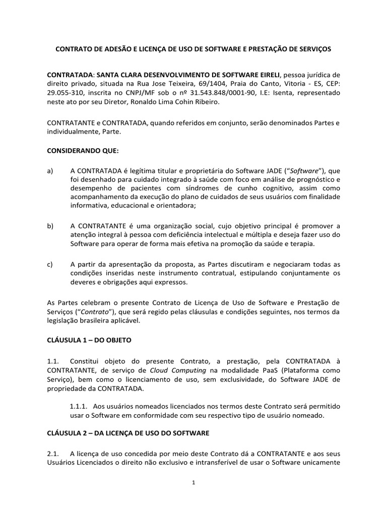 CONTRATO DE LICENCA DE USO DE SOFTWARE E PRESTACAO DE SERVICOS Jade ...
