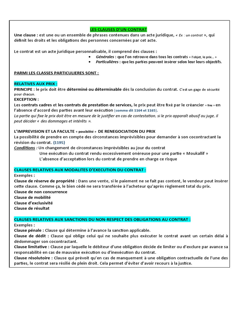 Les Clauses Essentielles d'un Contrat | PDF | Droit des obligations ...