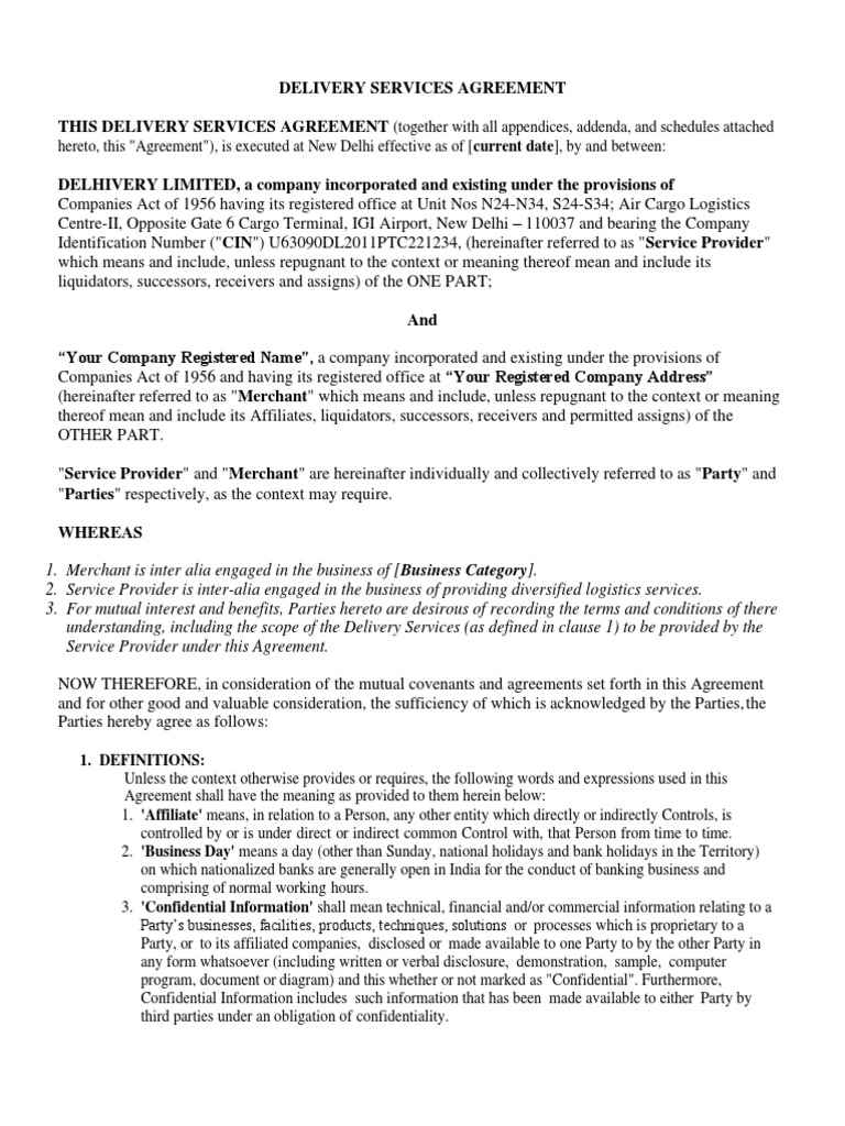 Delivery Services Agreement Template | PDF | Legal Liability | Indemnity