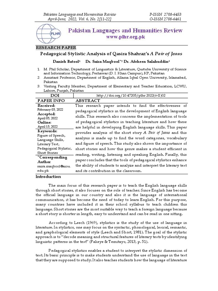 Pedagogical Stylistic Analysis of Qasira Shahraz S A Pair of Jeans | PDF | Pedagogy | Learning
