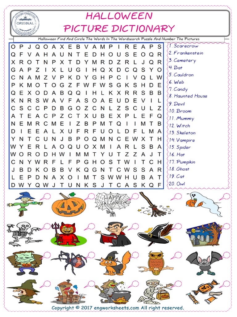 Halloween Find and Circle The Words in The Wordsearch Puzzle and Number ...