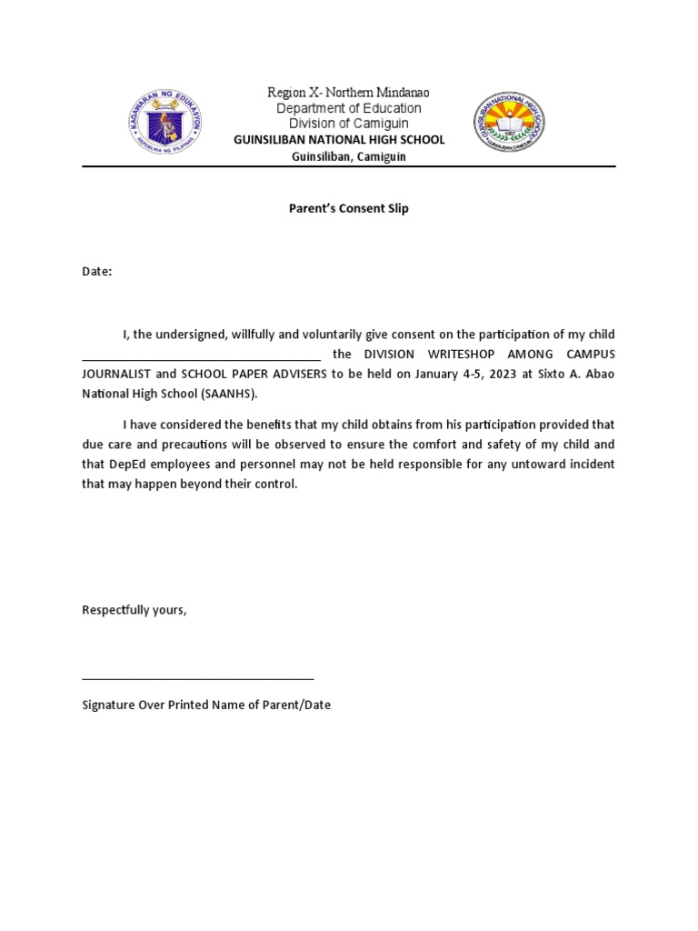 Parent Consent Slip for Writeshop Event | PDF | Wellness