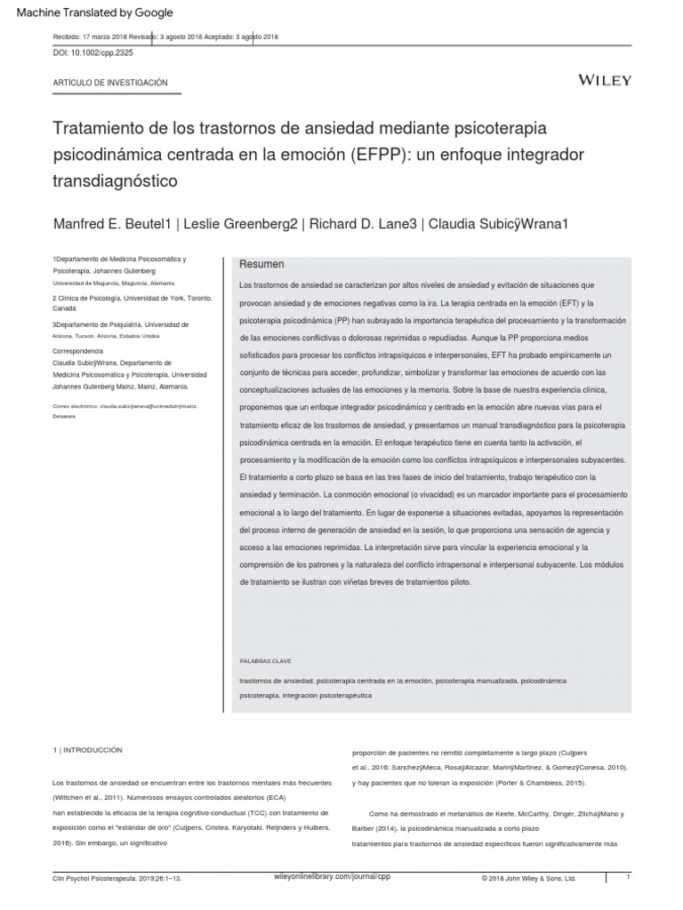 ES Treating Anxiety Disorders by Emotion Focused Psychodynamic Psychotherapy (EFPP) - An ...