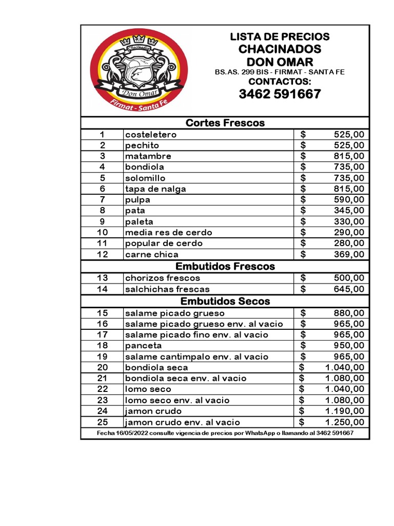 Lista de precios de cortes y embutidos de una carnicería en Buenos ...