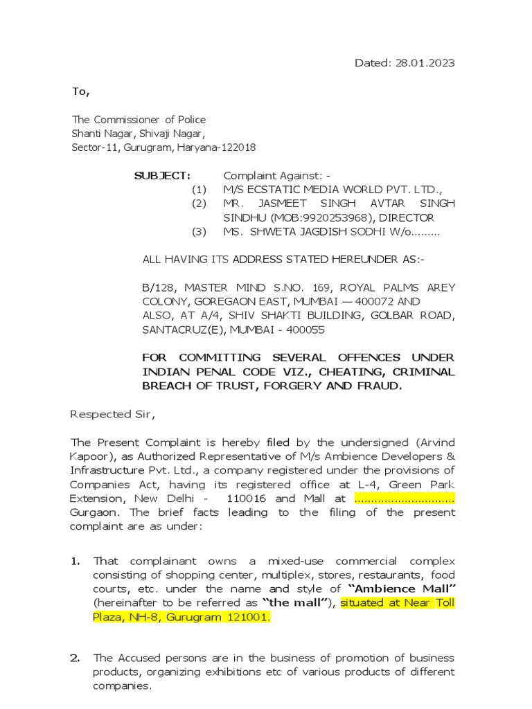 Sample of Police Complaint | PDF | Cheque | Crimes