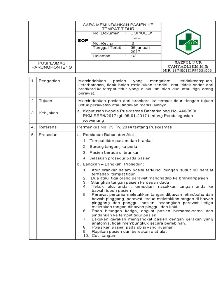 041 Spo Cara Memindahkan Pasien Ke TMPT Tidur | PDF