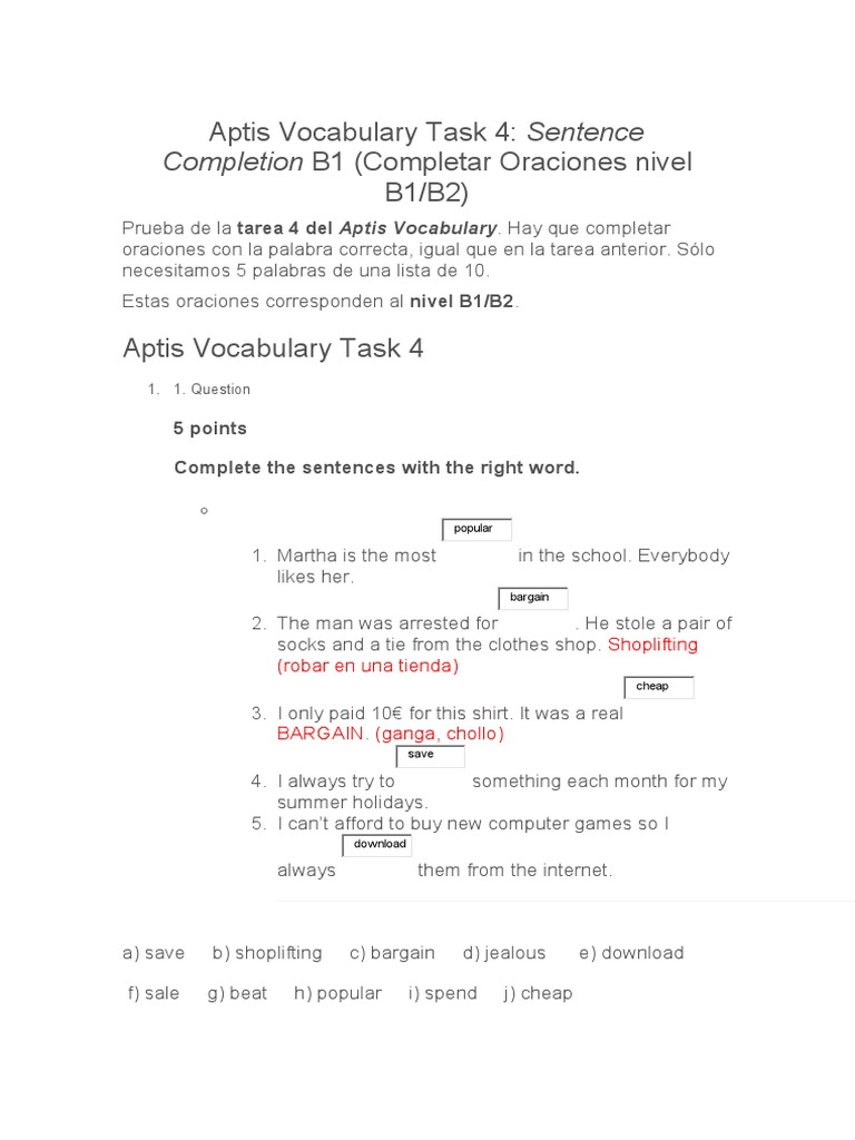 Aptis Vocabulary Task 4. 2 Questions (2516) | PDF
