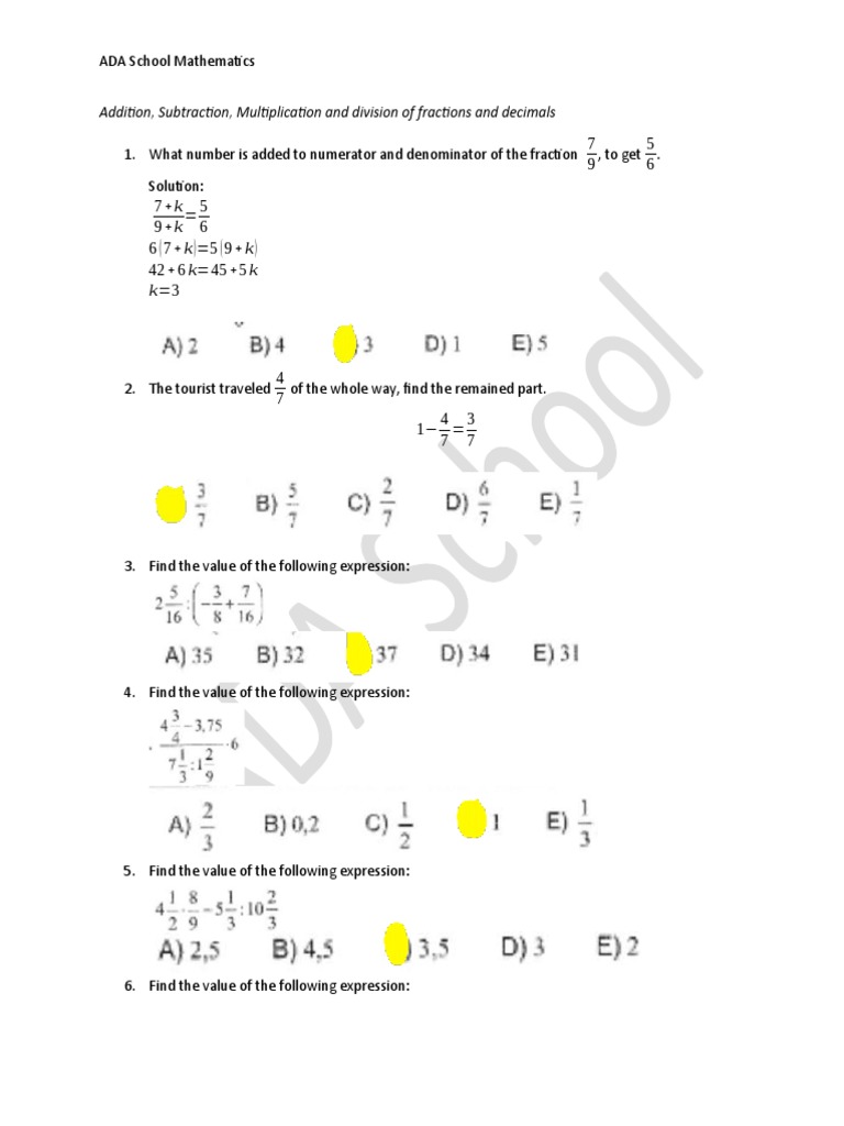 HW Fractions With Solutions | PDF | Division (Mathematics) | Notation