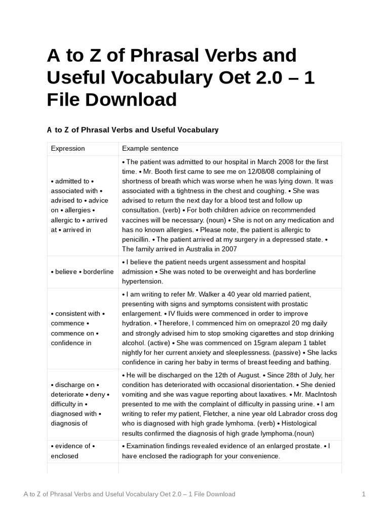 Phrasal Verbs & Vocabulary OET 2.0 | PDF | Allergy | Mental Disorder
