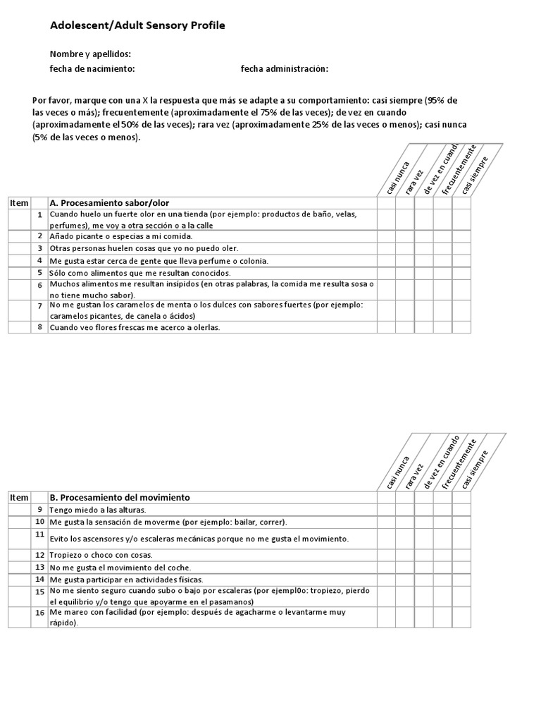 Perfil Sensorial ADULTOS | PDF