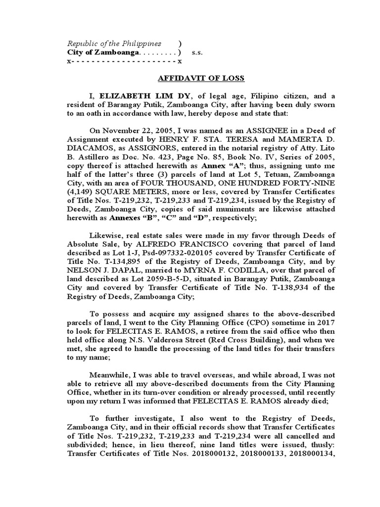 Affidavit of Lost (Elizabeth Lim Dy) | PDF | Affidavit | Civil Law ...