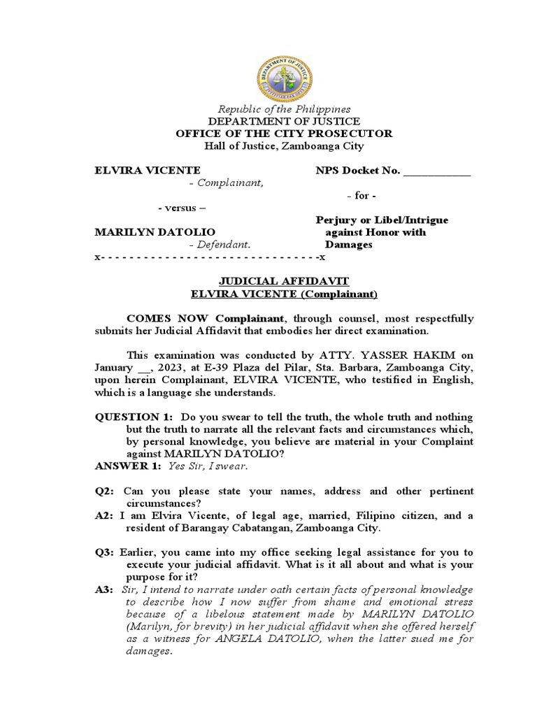 Judicial Affidavit of Elvira Vicente V Marilyn Datolio | PDF | Affidavit | Defamation