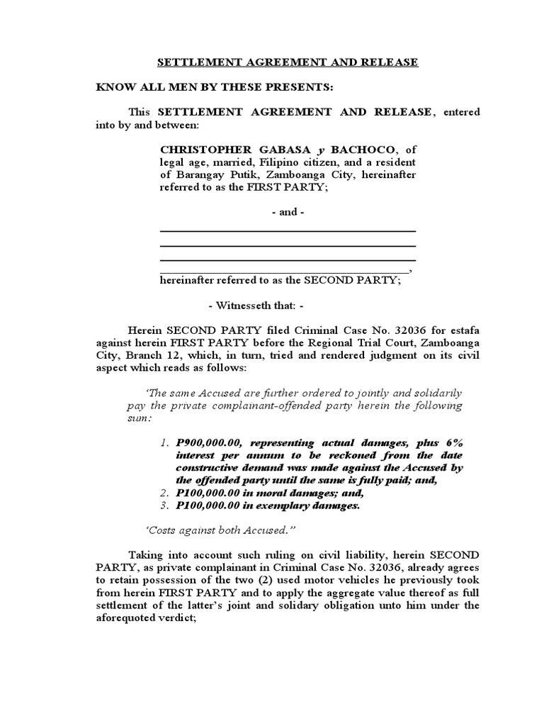 Settlement Agreement and Release | PDF | Damages | Settlement (Litigation)