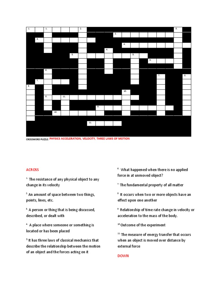 Crossword Puzzle Physics Acceleration, Velocity, Three Laws of Motion ...