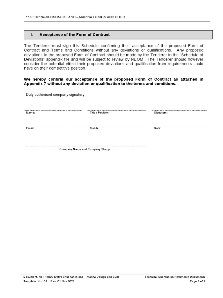 Contractor Acceptance Form for Marina Project | PDF