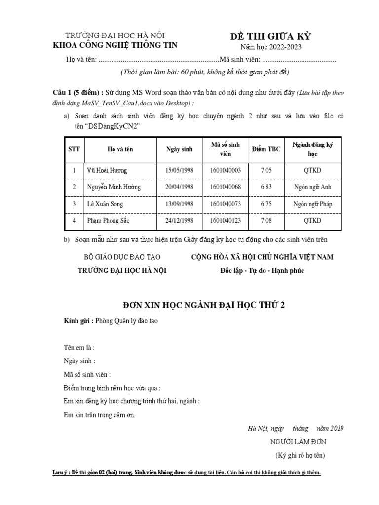 De Thi Giua Ky UDCNTT 19 | PDF