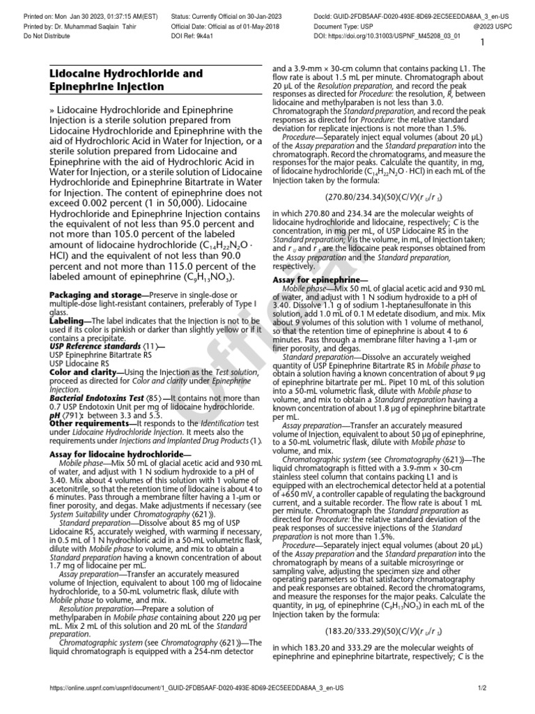 Lidocaine Hydrochloride and Epinephrine Injection USP Monograph | PDF | Chromatography | High ...