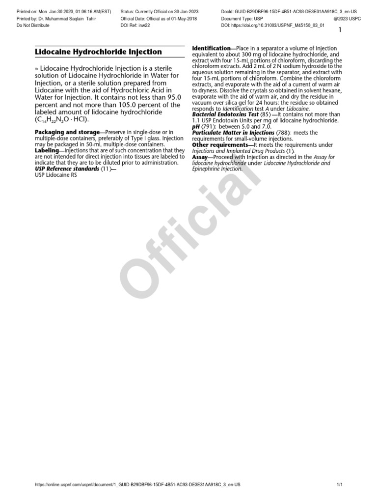 Lidocaine Inj. 1% - USP Monograph | PDF | Hydrochloric Acid | Chemistry