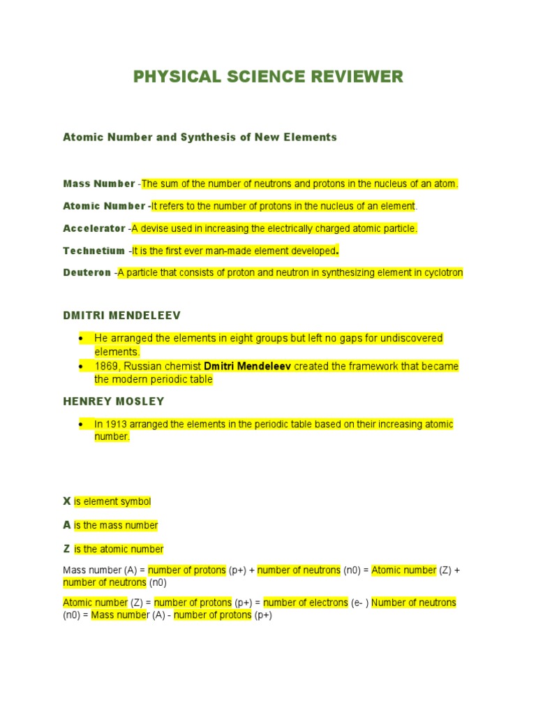 Physical Science Reviewer | PDF | Chemical Elements | Neutron