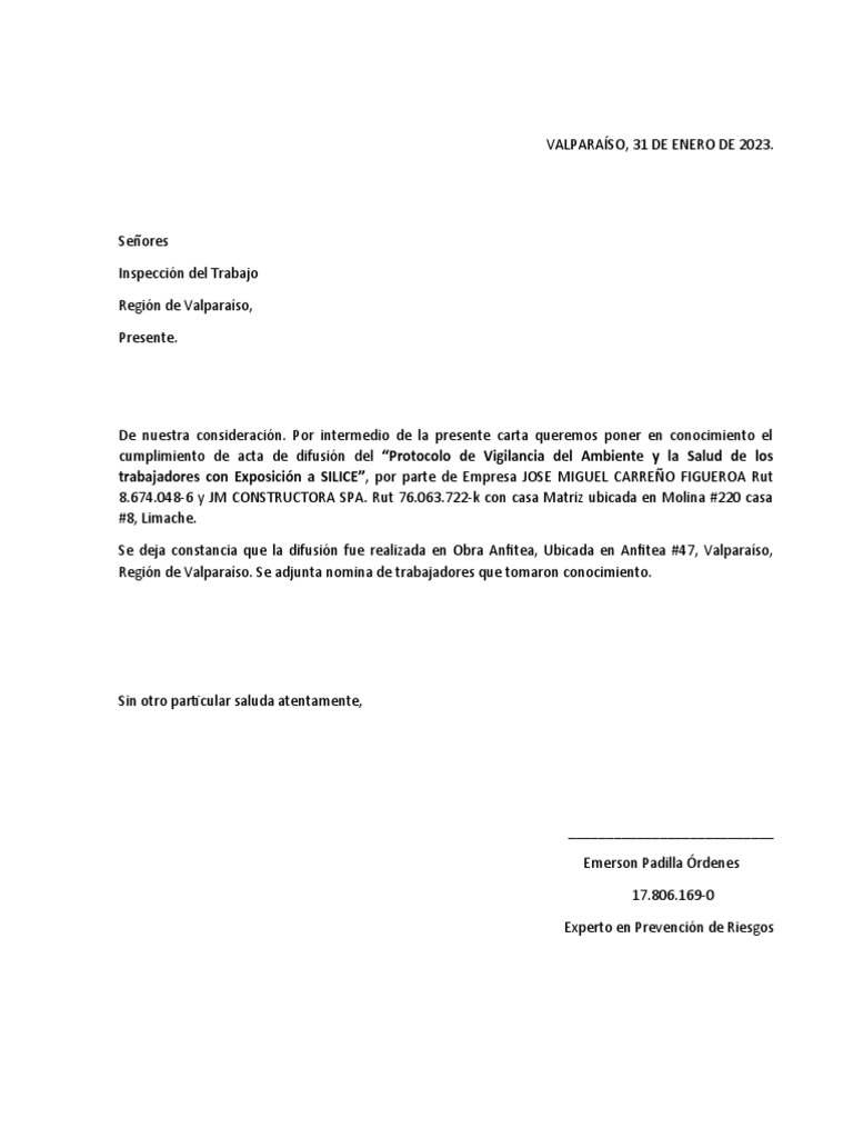 Carta A Inspeccion Del Trabajo Prexor | PDF