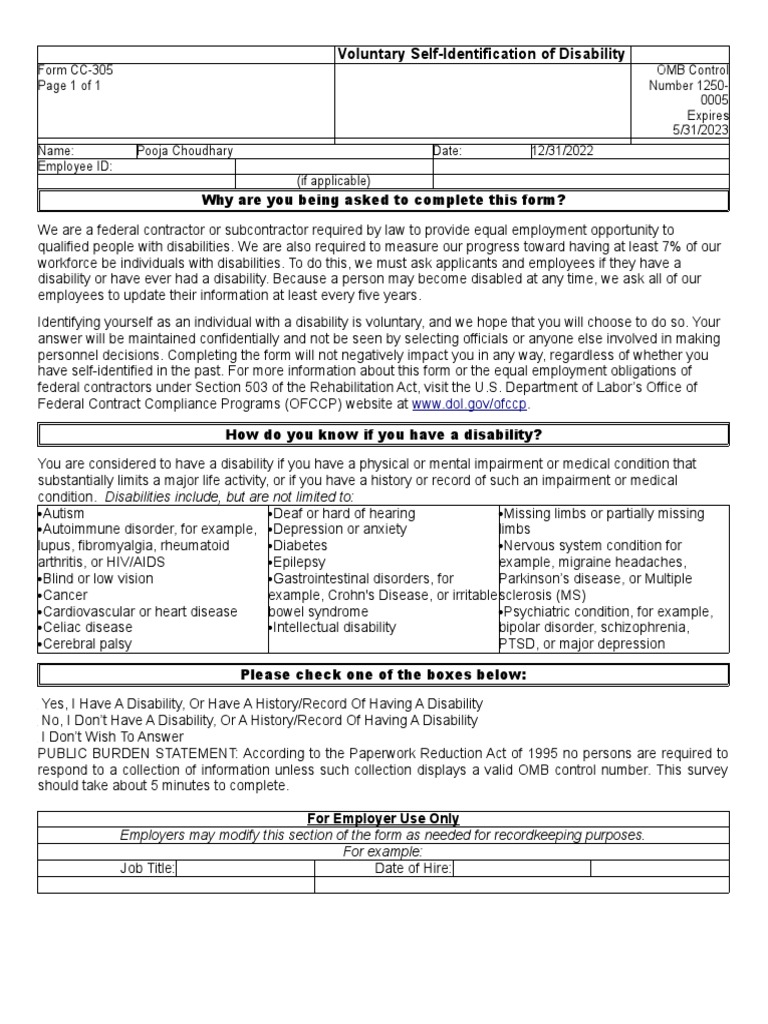Voluntary Self Identification of Disability Template | PDF | Disability ...