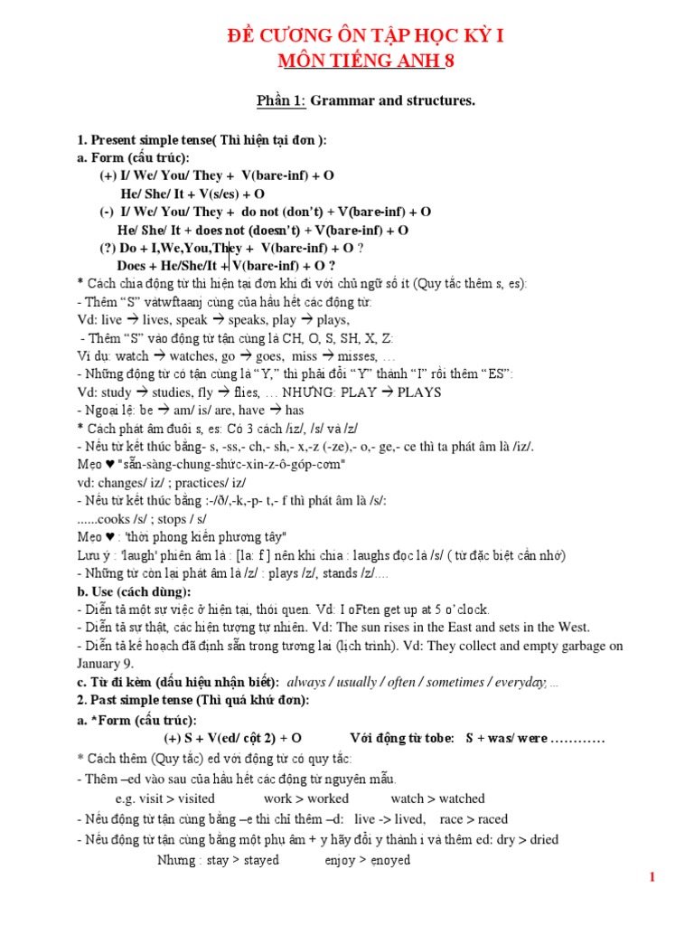 De Cuong On Tap Tieng Anh Ki 1 Lop 8 | PDF