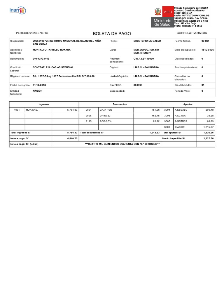 Boleta de Pago Enero 2023 - INS San Borja | PDF