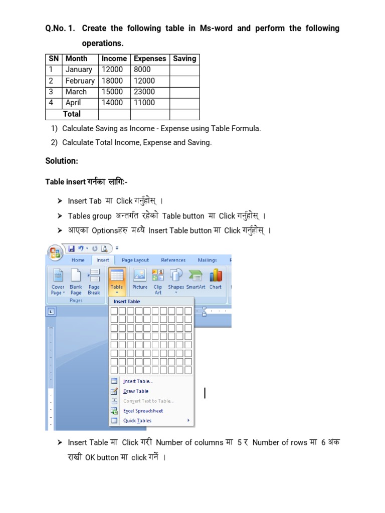 Create The Following Table in Ms Word and Perform Calculation | PDF Create The Following Table in Ms Word and Perform Calculation | PDF