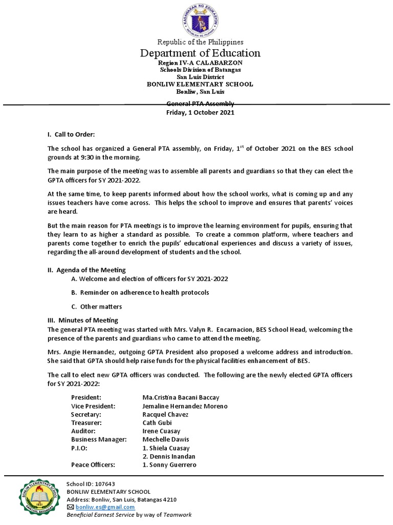 Minutes of Meeting of GPTA-2021-2022-a | PDF | Cognition | Learning