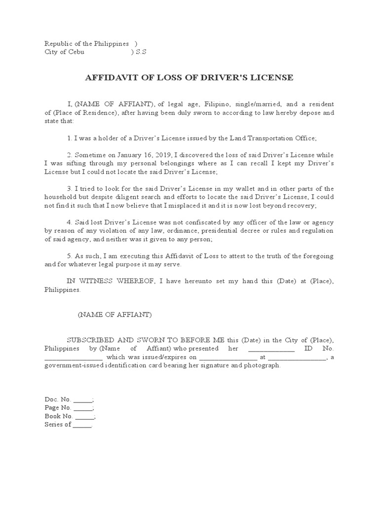 Affidavit of Loss of Drivers License | PDF