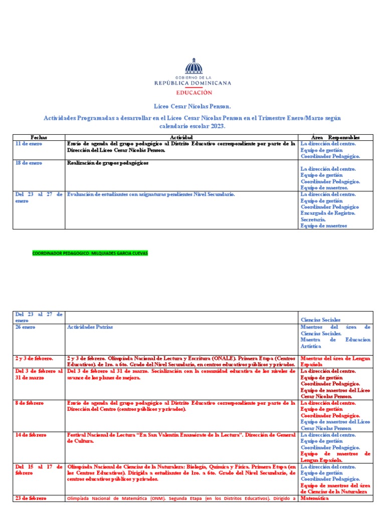 Actividades Programadas A Desarrollar en El Nivel Secundario en El Trimestre Enero | PDF