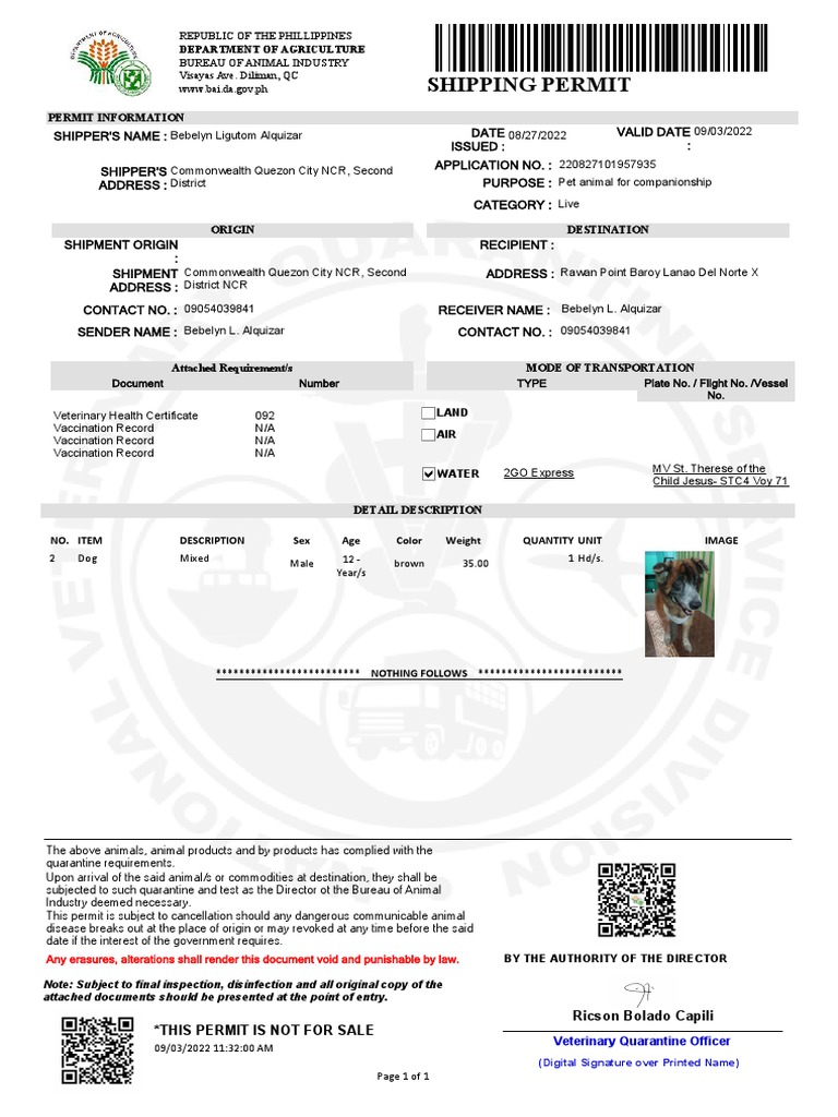 Hachi's Permit | PDF | Quarantine