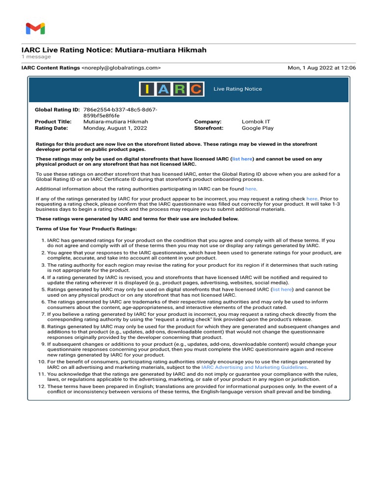 Gmail - IARC Live Rating Notice - Mutiara-Mutiara Hikmah | PDF