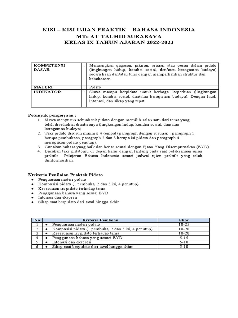 Kisi Kisi Uprak Pidato Kelas Ix B. Indo | PDF