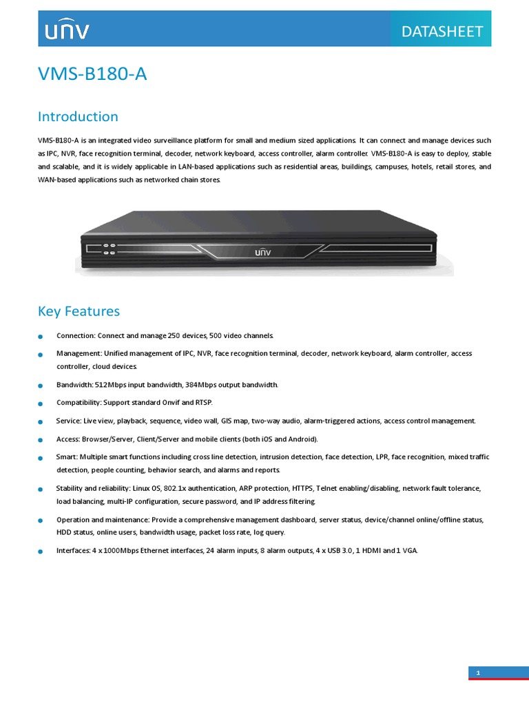 UNV 【Datasheet】VMS-B180-A Datasheet - V1.3-EN | PDF | Computer Network | Hdmi