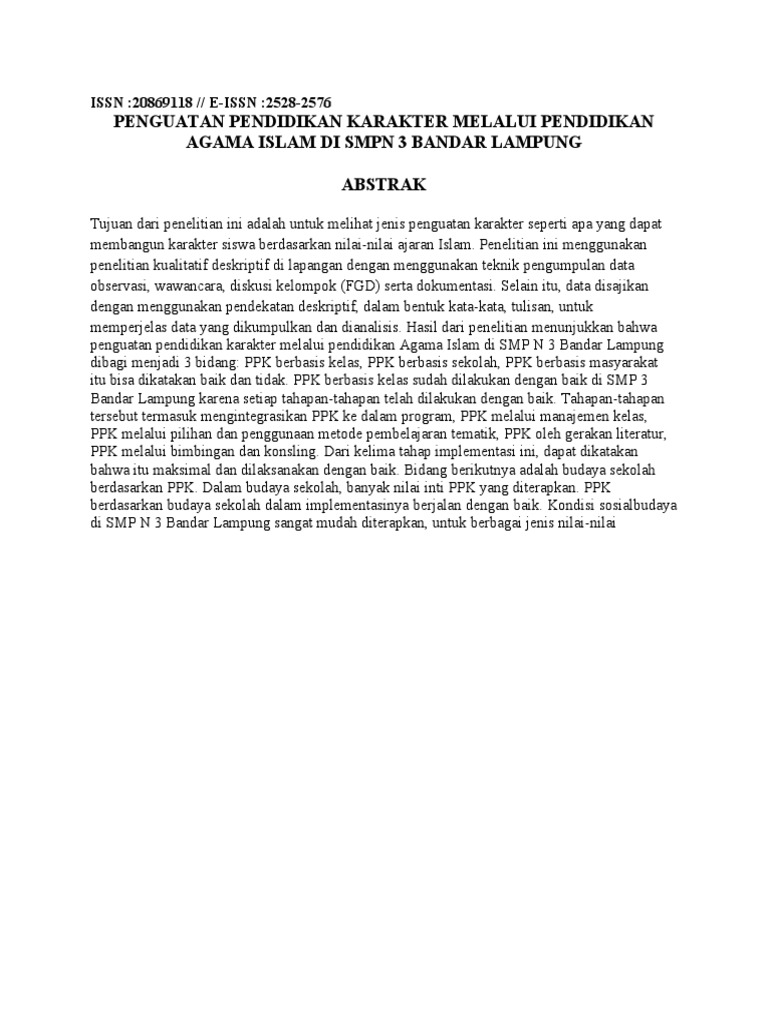 Penguatan Pendidikan Karakter Melalui Pendidikan Agama Islam Di SMPN 3 Bandar Lampung | PDF